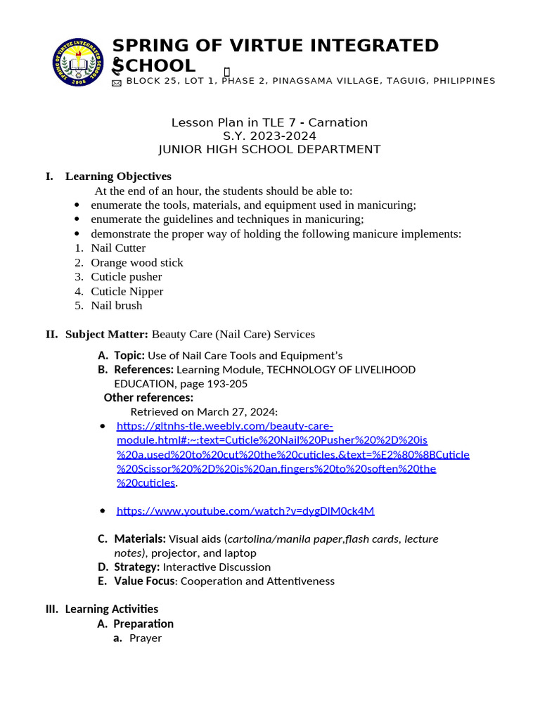 Lesson Plan Tle 7 | PDF