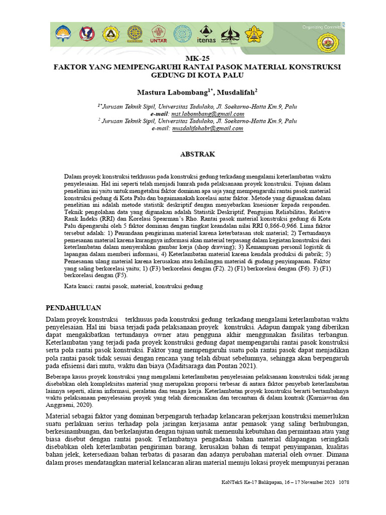 MK-25 Faktor Yang Mempengaruhi Rantai Pasok Material Konstruksi Gedung Di Kota Palu Mastura ...