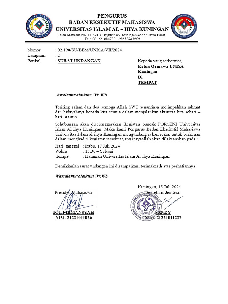 SU Ormawa UNISA Hari Puncak PORSENI 2024 | PDF