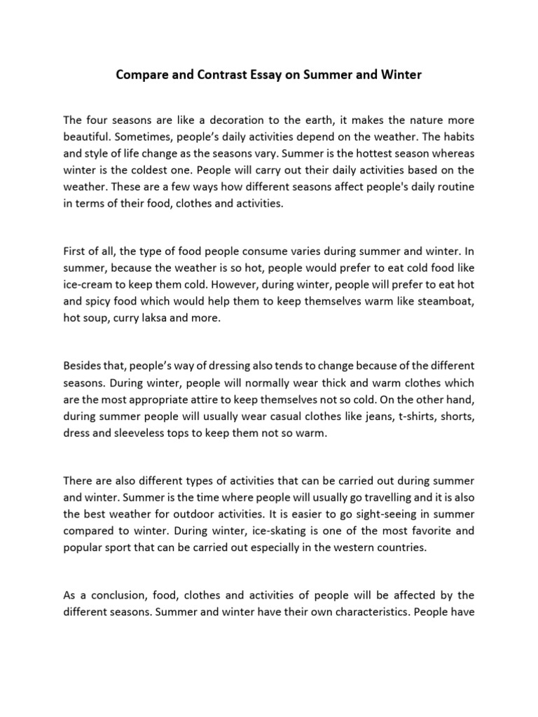 Compare and Contrast Essay On Summer and Winter | PDF