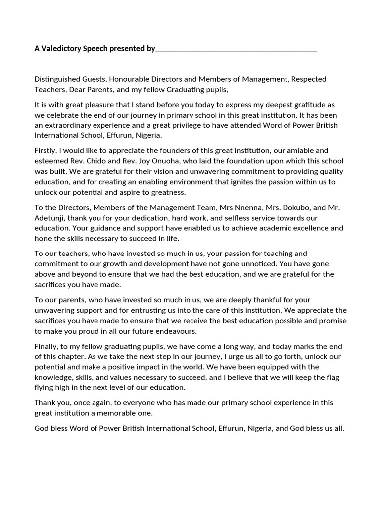 A Valedictory Speech Presented by | PDF