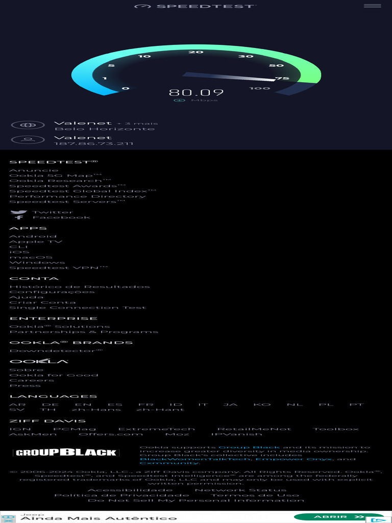 Speedtest by Ookla - Teste de Velocidade de Conex | PDF
