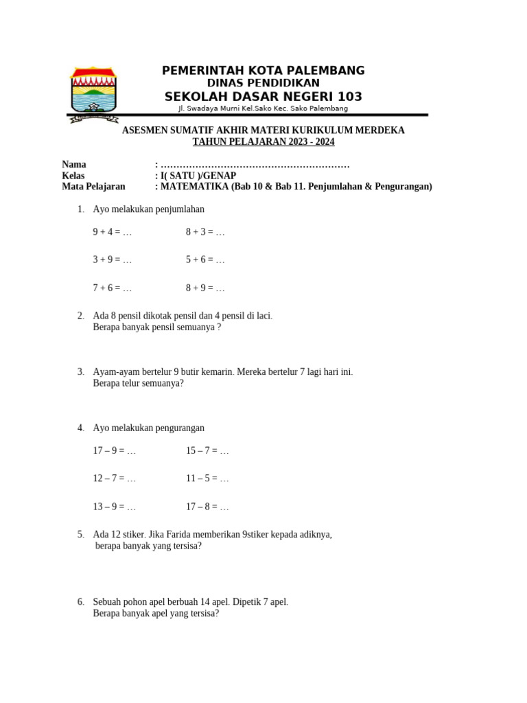 Soal Uh MTK KLS 1 Bab 10 Bab 11 - Genap | PDF