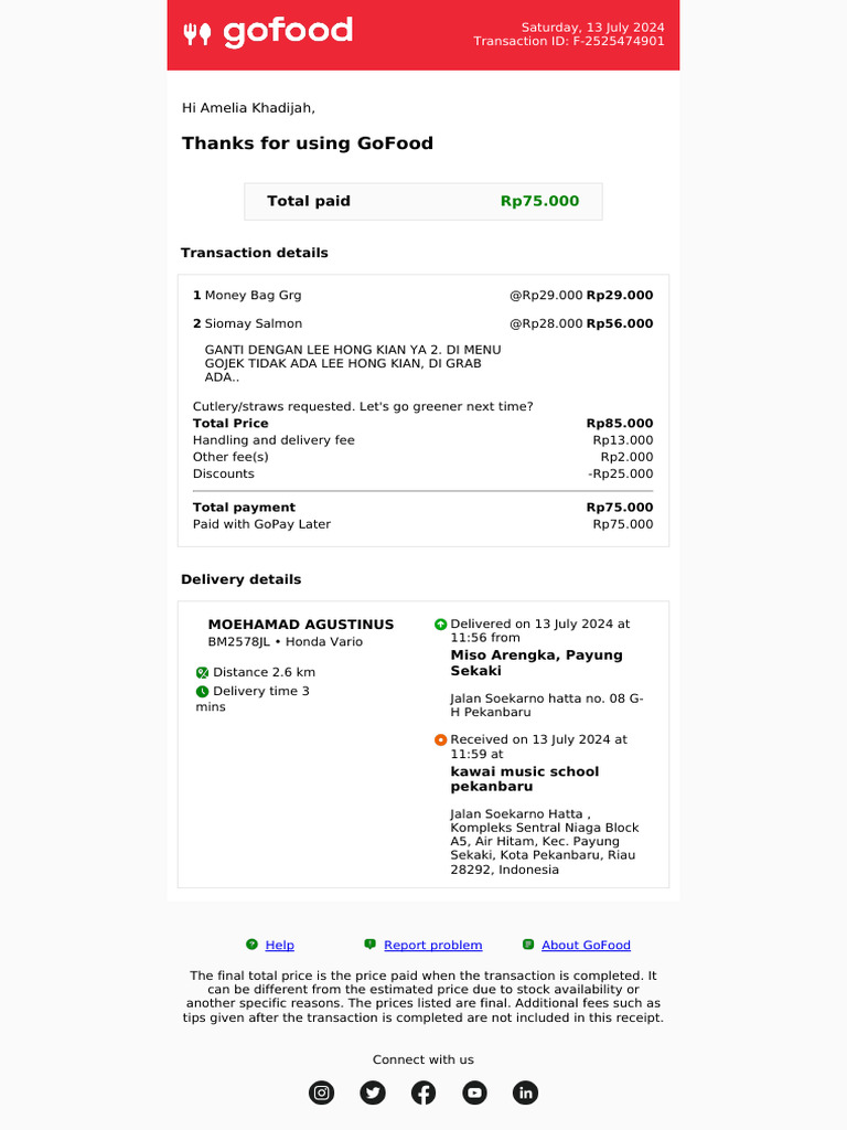 Thanks For Using Gofood: Total Paid | PDF