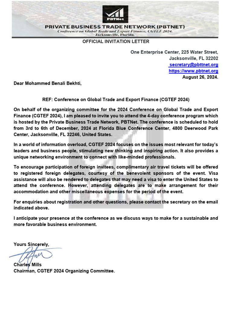 Mohammed Benali Bekhti - CGTEF 2024 Official Invitation Letter | PDF Mohammed Benali Bekhti - CGTEF 2024 Official Invitation Letter | PDF
