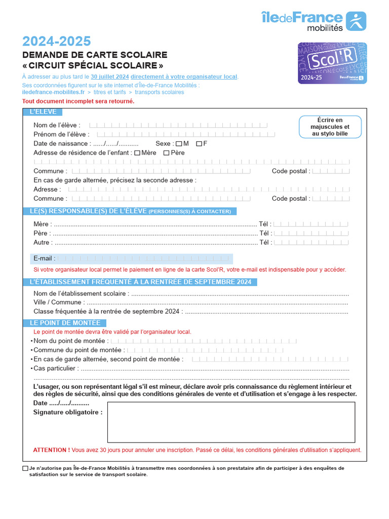 Transport Scolaire Formulaire 2024-2025 | PDF