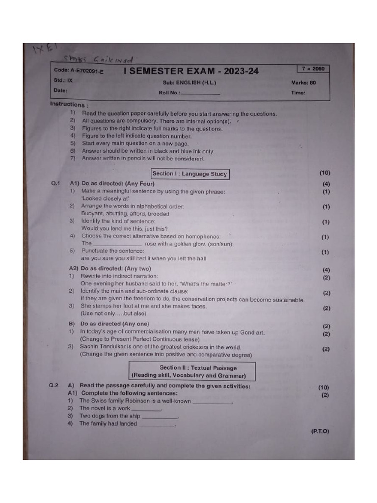 Last Year Question Papers of Standard 9th | PDF