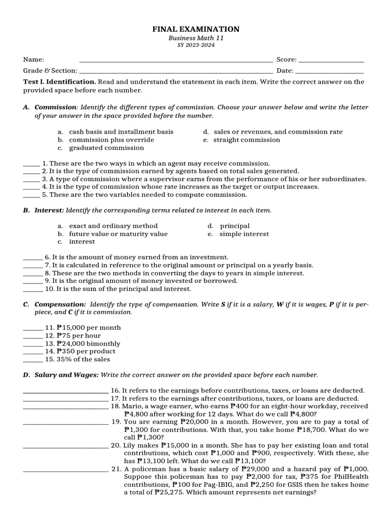 Final Business Math | PDF | Salary | Employment