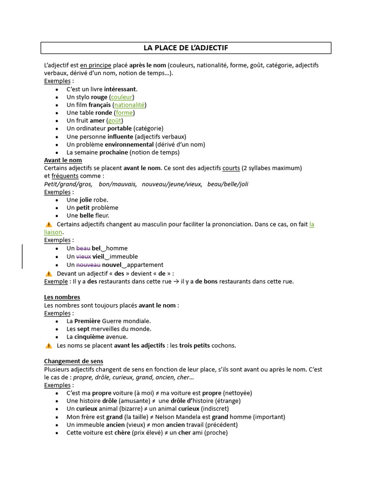 Place de L'adjectif | PDF