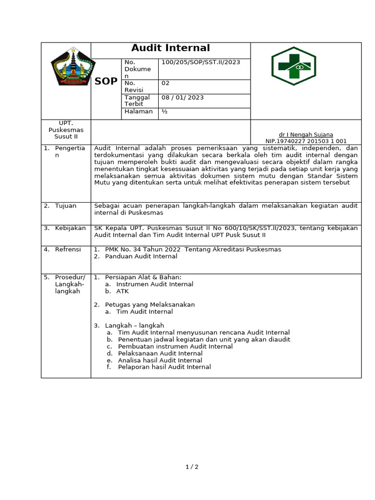 SOP Audit Internal 2023 | PDF
