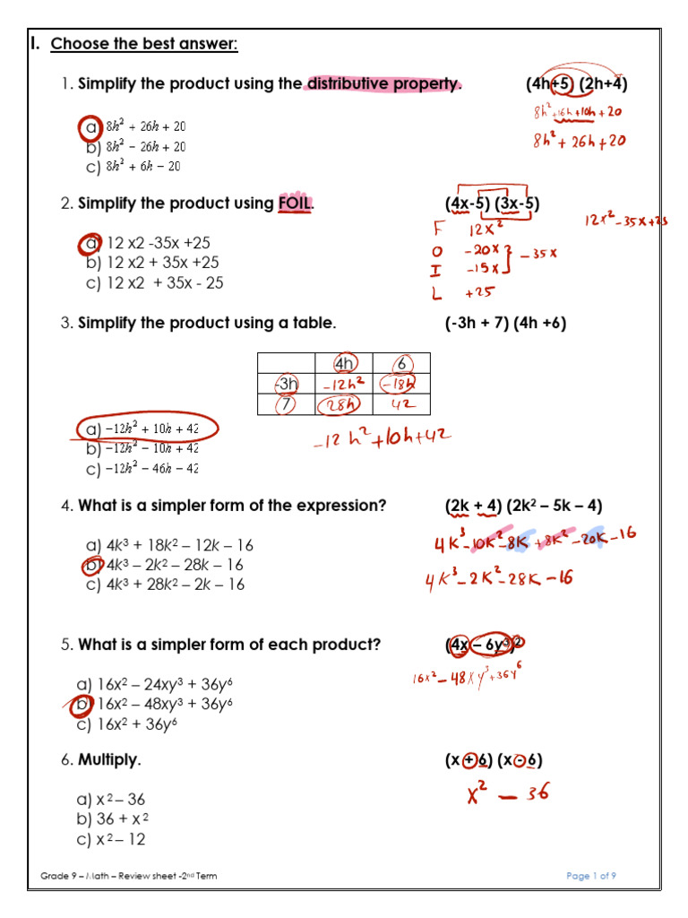 Math - Gr9 - Final Review - 2nd Term 4 | PDF