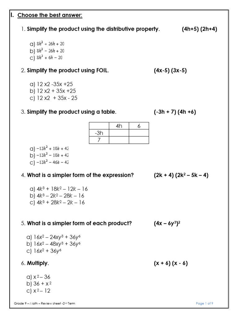 Math - Gr9 - Final Review - 2nd Term 2 | PDF