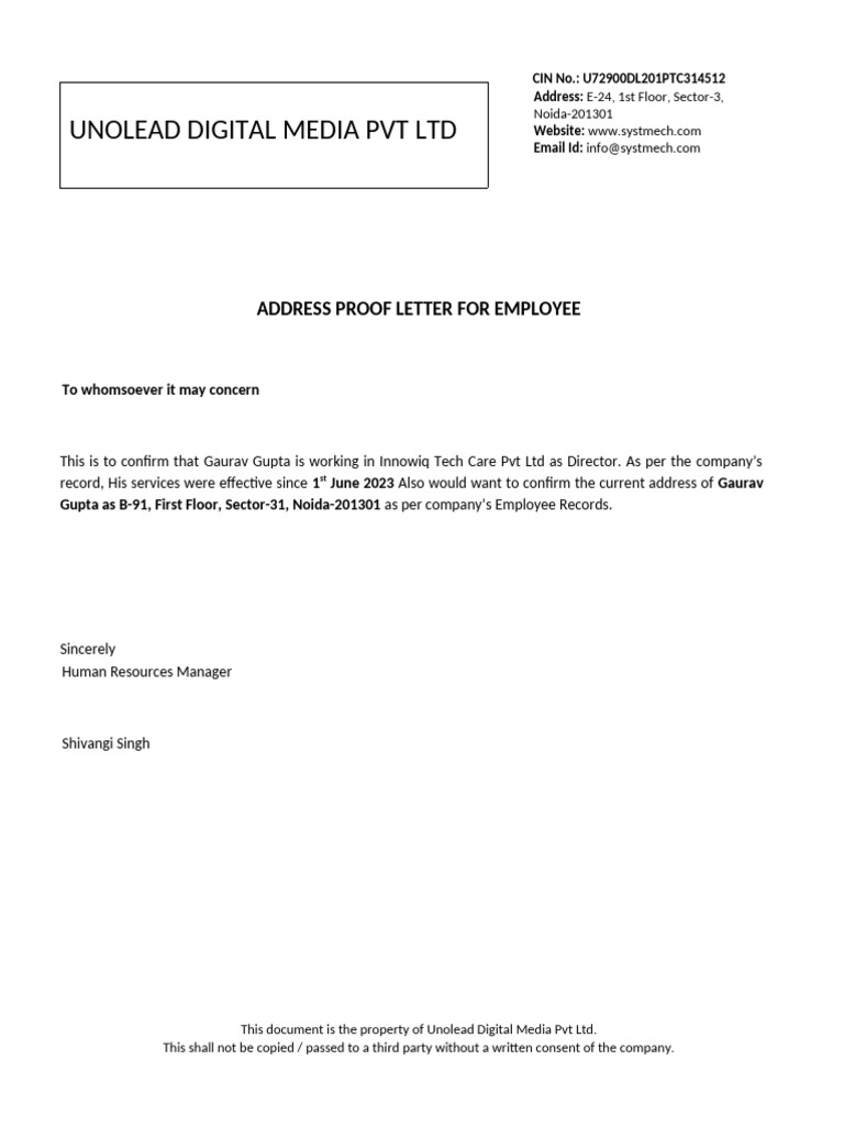 UNOLEAD - Address Certificate | PDF