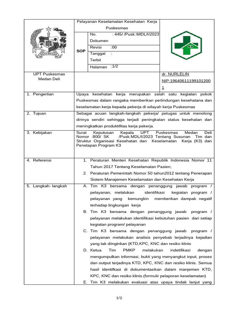 5.3.1.1b Sop k3 Puskesmas | PDF
