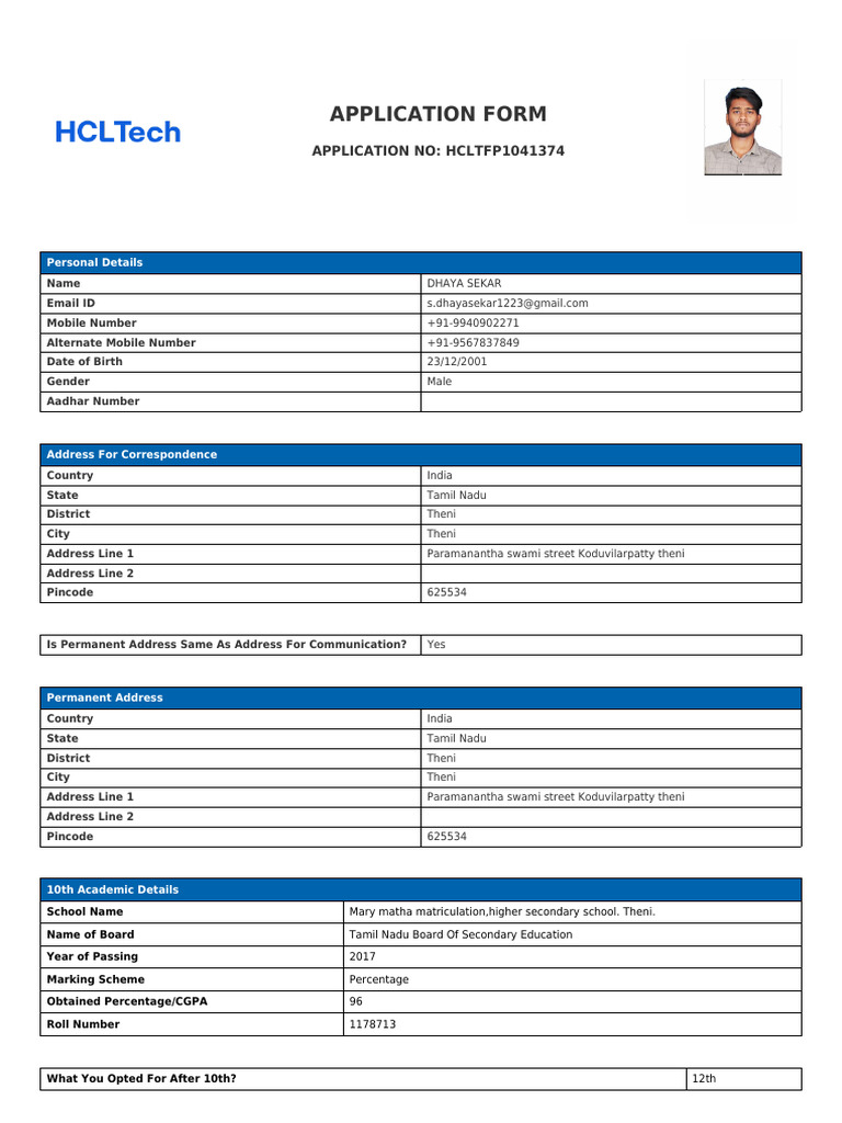 Application Form HCLTFP1041374 | PDF