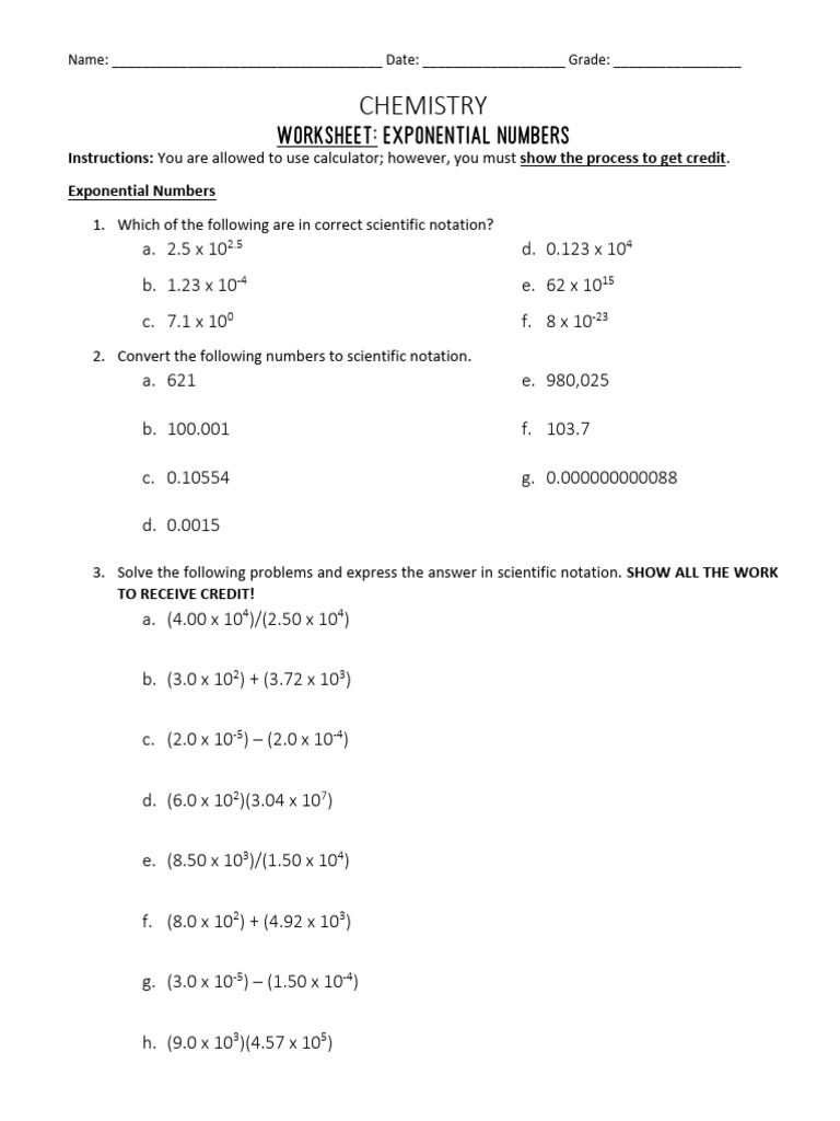 Chemistry Worksheet Exponential Numbers | PDF