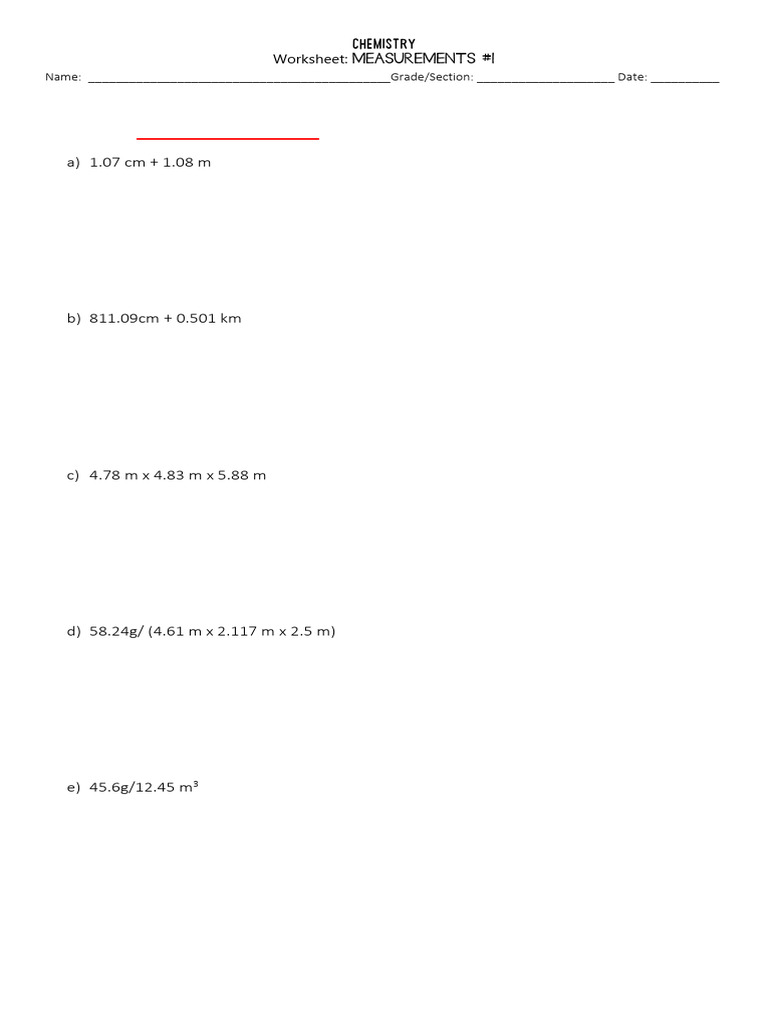 Chemistry Measurements Worksheet 1 | PDF