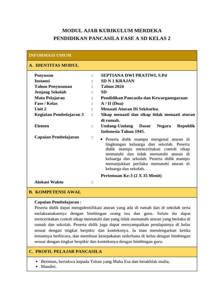 MODUL AJAR Kelas 2 PKN | PDF