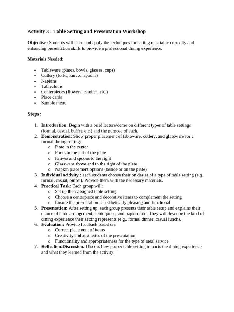 Activity 3 TABLE SETTING WORKSHOP | PDF | Tableware