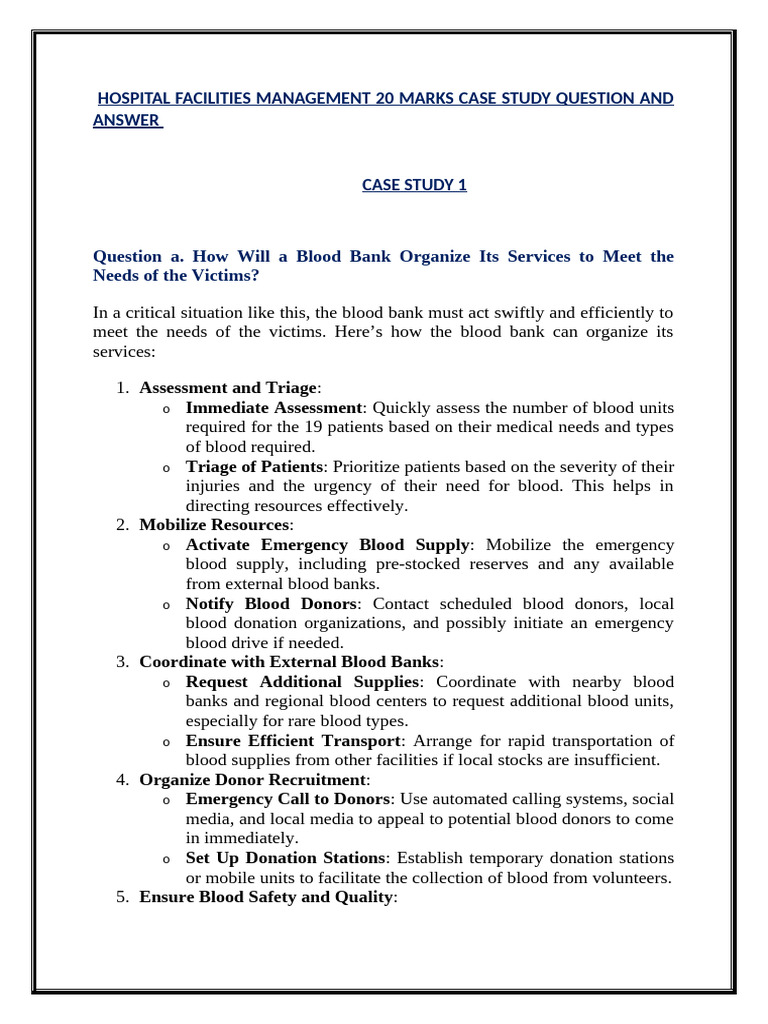 Hospital Facilities Management 20 Marks Question and Answer Case Study ...