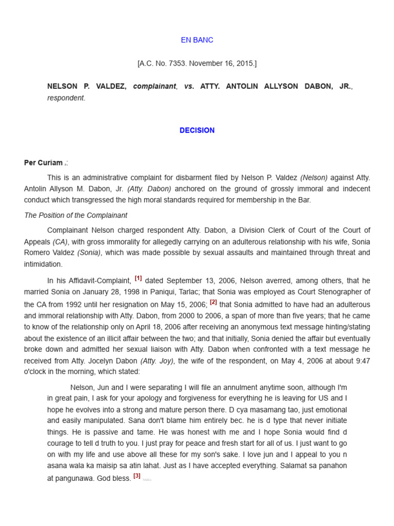 A.C. No. 7353 - Valdez v. Dabon JR | PDF | Sexual Harassment | Woman