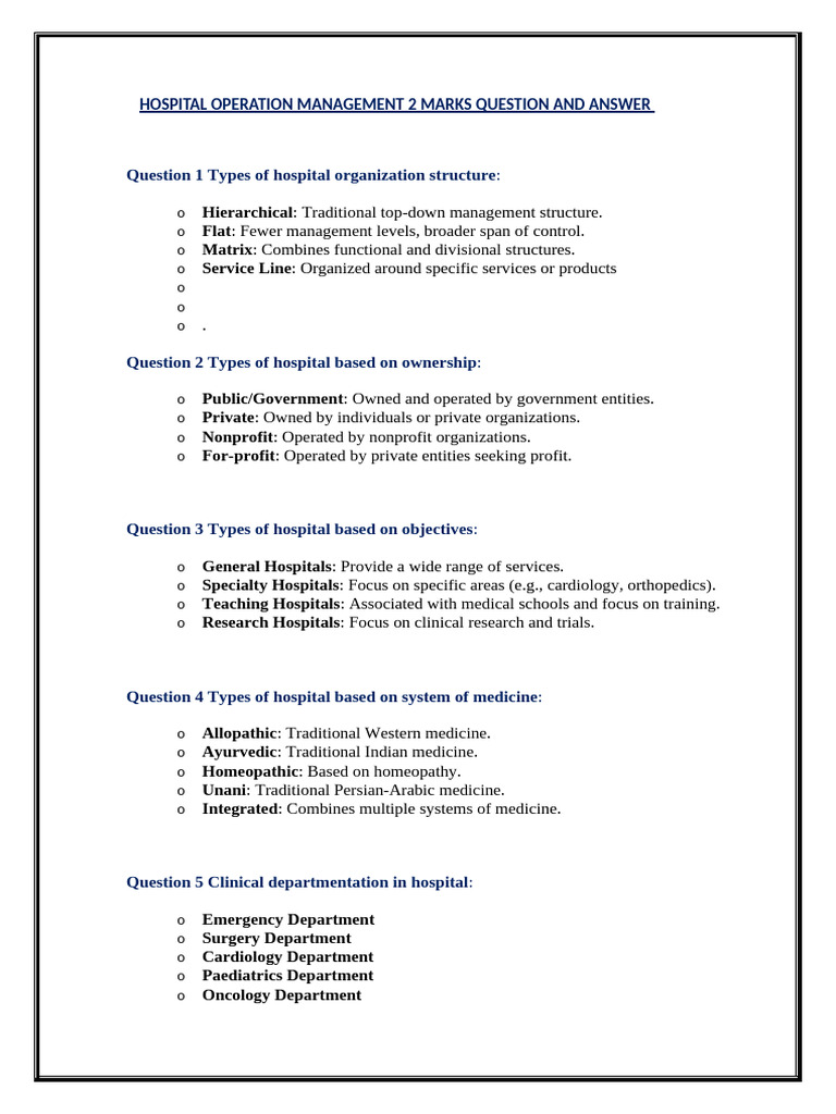 Hospital Operation Management 2 Marks Question and Answer | PDF