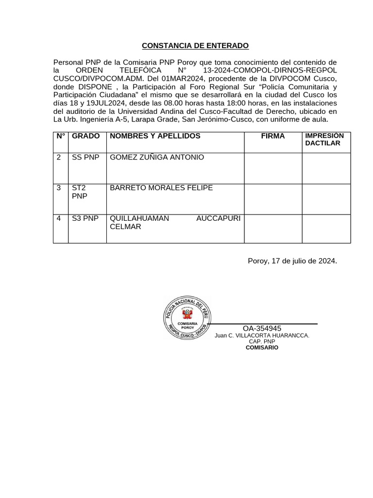 Constancia de Enterado Charls Oopc | PDF Constancia de Enterado Charls Oopc | PDF