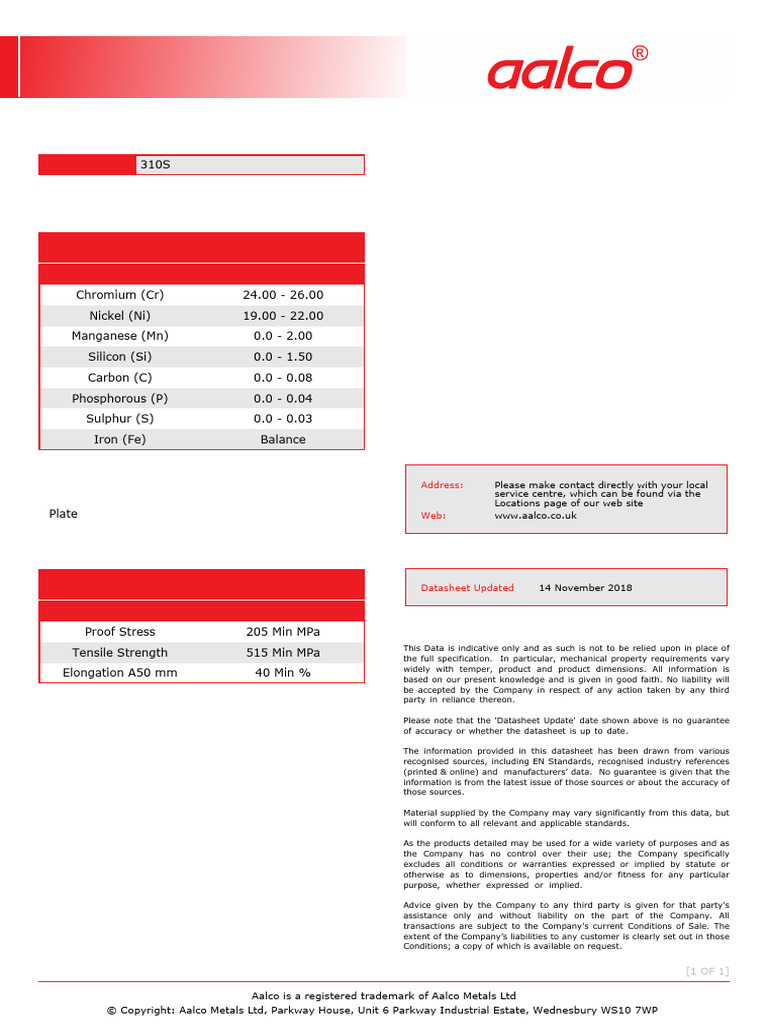 Aalco Metals LTD - Stainless Steel S31008 Sheet and Plate - 272 | PDF