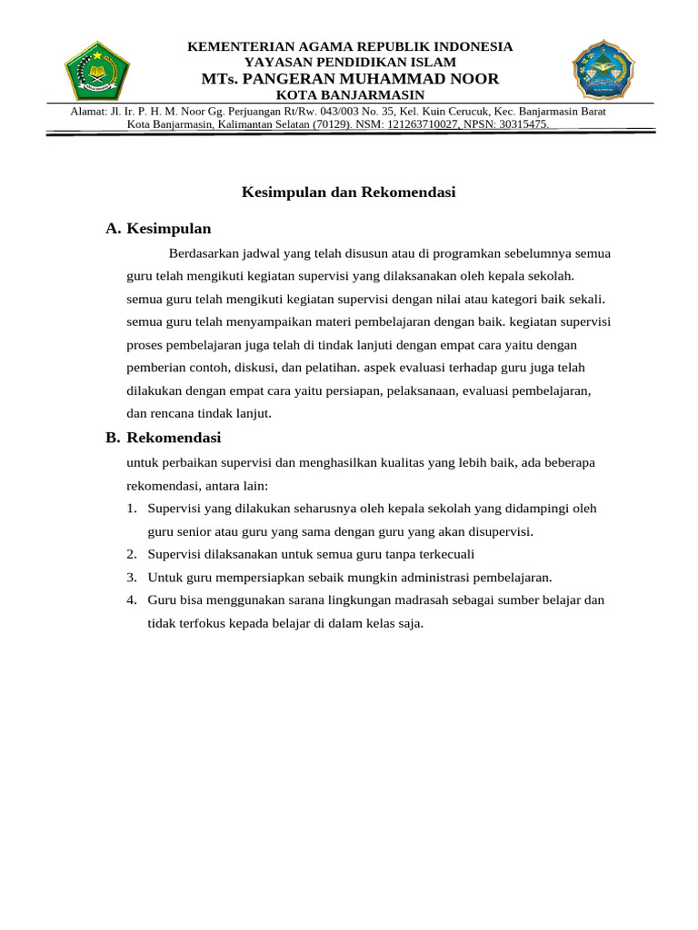 Catatan Rekomendasi Hasil Supervisi | PDF