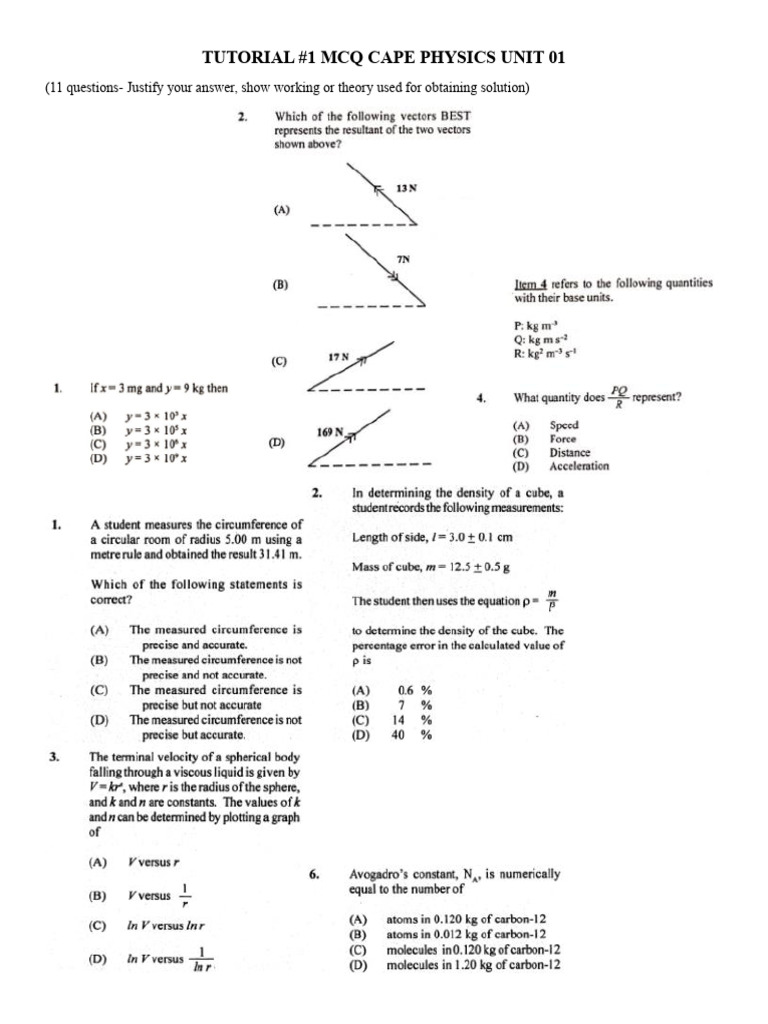Tutorial #1 MCQ Physics U1 | PDF