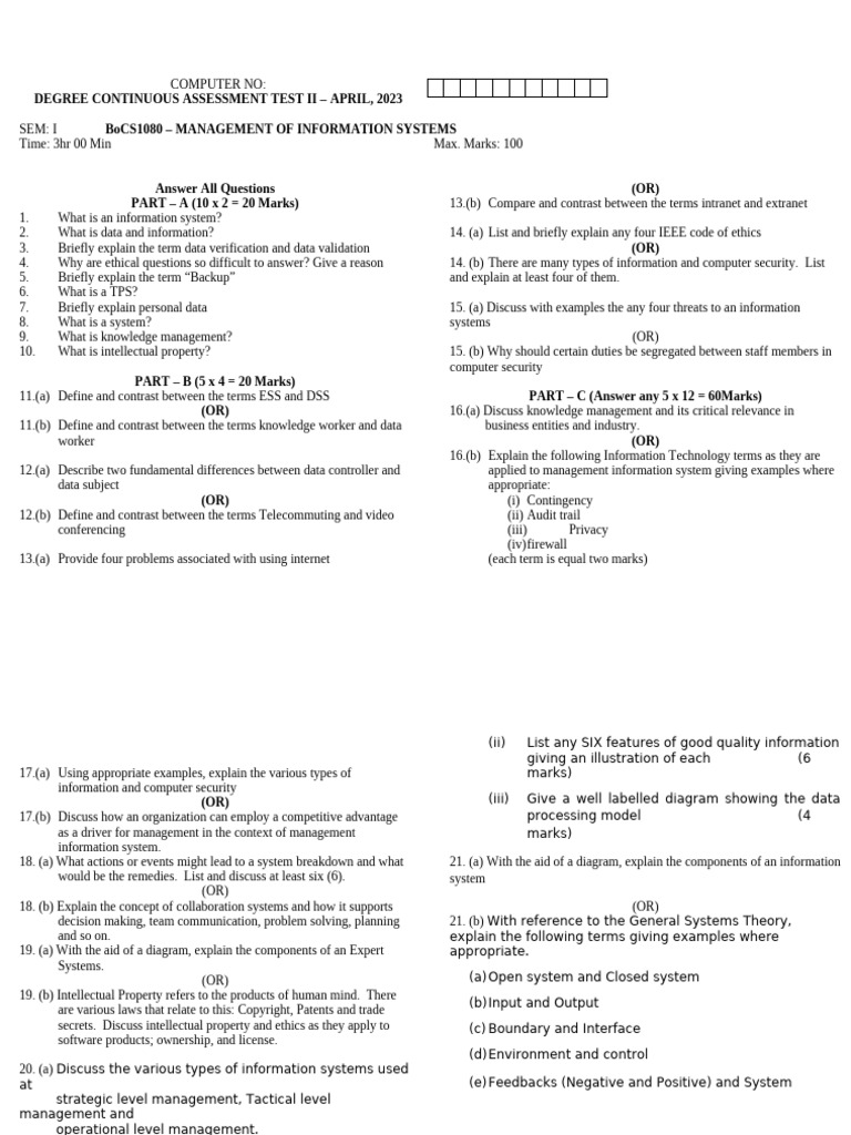 BoCS1080 - MIS - 2024 Model Exam-Edited | PDF | System | Information