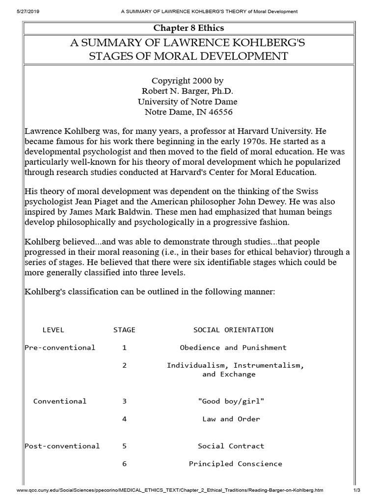 A SUMMARY OF LAWRENCE KOHLBERG'S THEORY of Moral Development | PDF