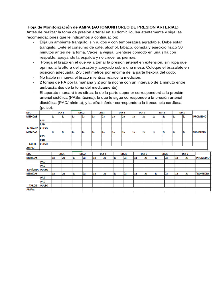 Hoja de Monitorización de Ampa (Automonitoreo de Presion Arterial) | PDF