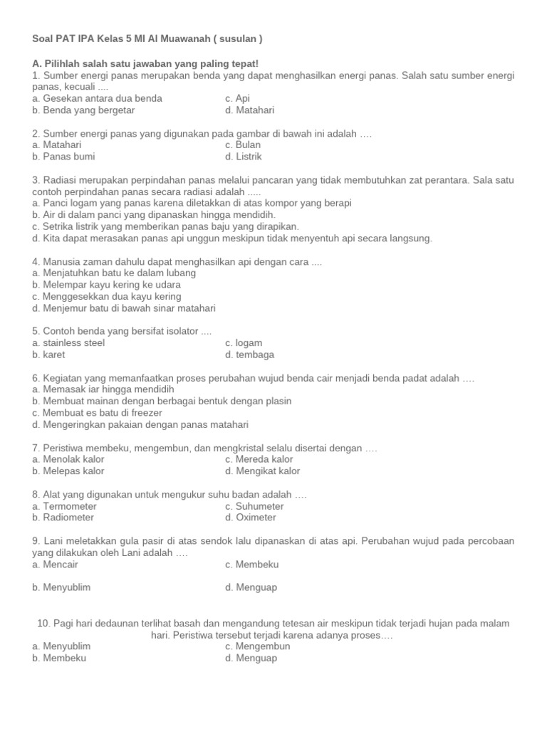 Soal PAT IPA Kelas 5 MI Al Muawanah Susulan | PDF