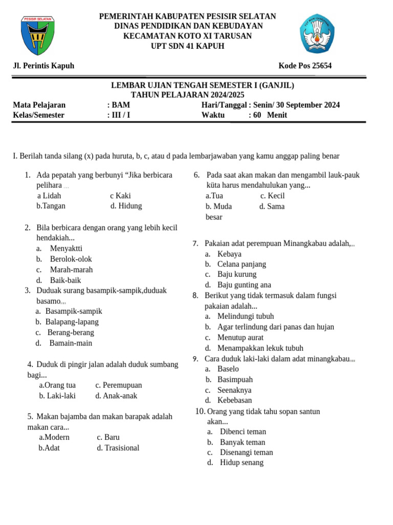 Soal Pts Bam Sem 1 Kelas 3 Bam | PDF