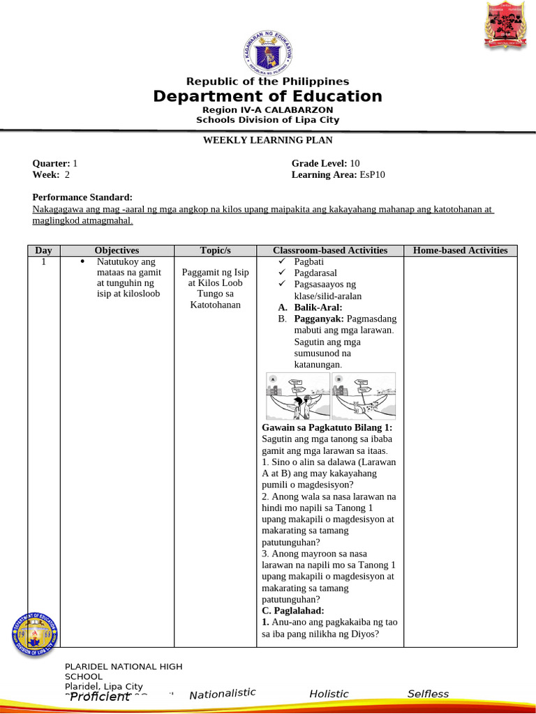 Weekly-Learning-Plan-EsP10 Week 1 | PDF