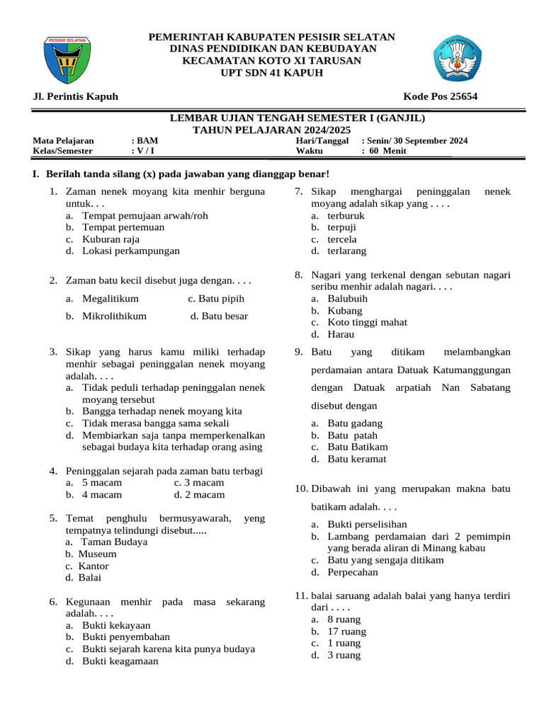 Soal PTS Sem 1 Bam Kelas 5 | PDF