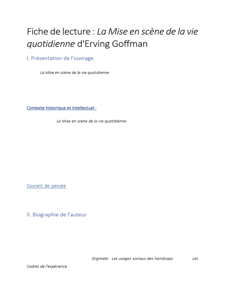 Fiche de Lecture - La Mise en Scène de La Vie Quotidienne - Erving ...