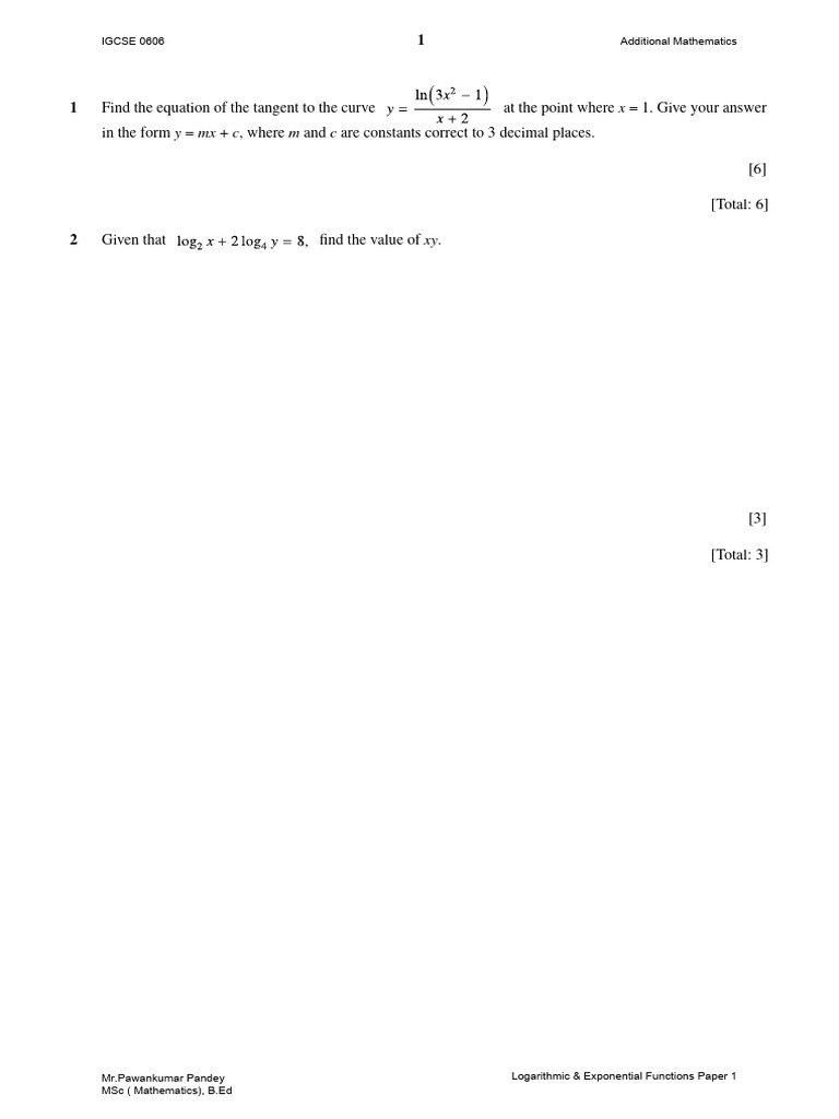 Logarithmic & Exponential Function Part 1 QP | PDF
