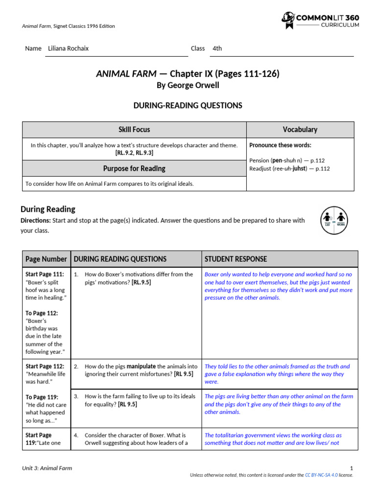 Animal Farm Chapter IX During-Reading Questions 1 | PDF