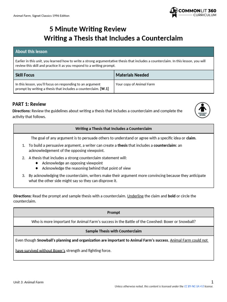 Writing Lesson - Writing A Thesis That Includes A Counterclaim | PDF