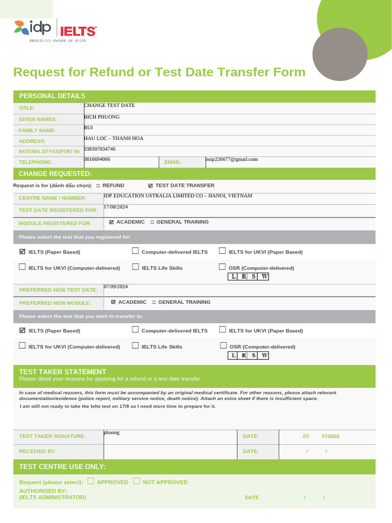 IELTS Request-Refund Test-Date-Transfer Form OSR | PDF