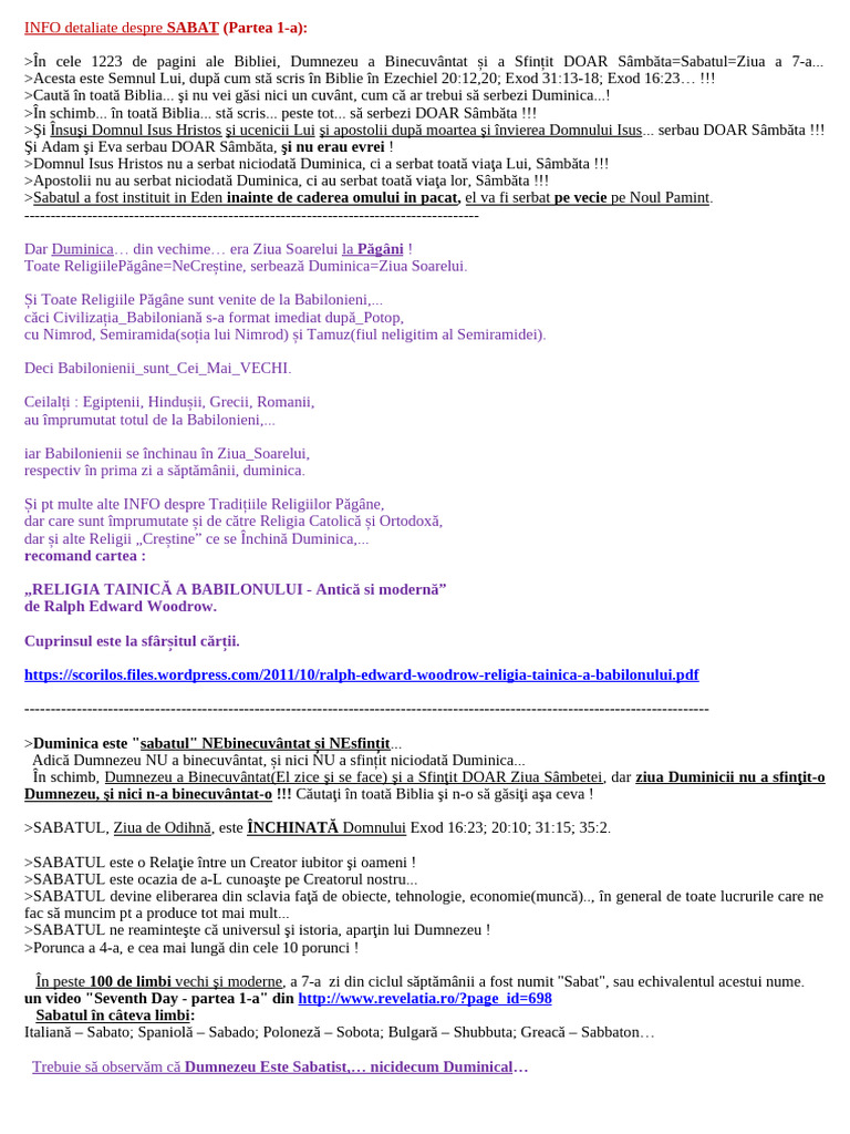 INFO Detaliate Despre SABAT (Partea 1-A) | PDF