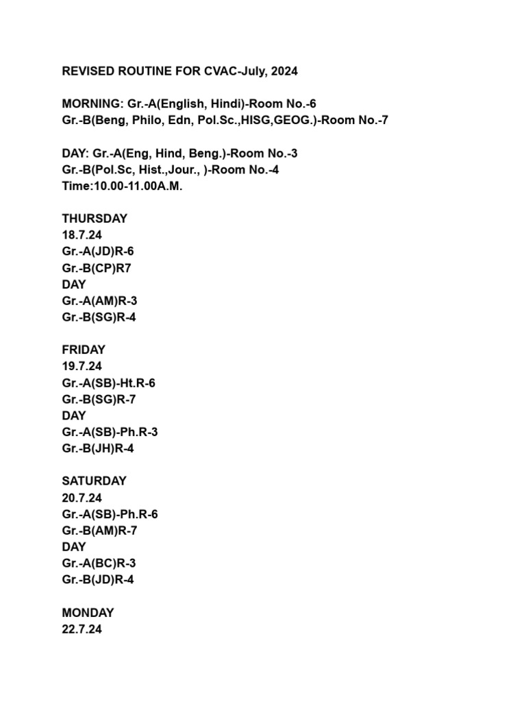 Routine For Cvac-July, 2024 | PDF
