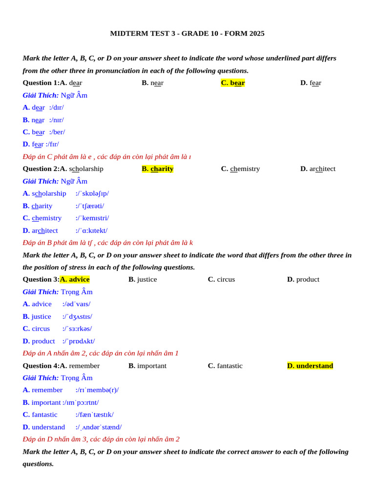 MIDTERM TEST 3.docx Đề 3 Lớp 10 Giải Chi Tiết | PDF