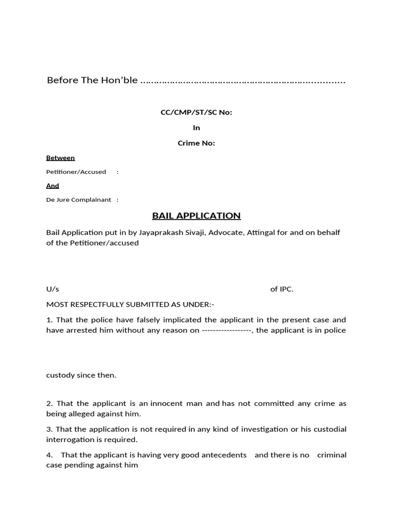 Online Indian Legal Format For A Bail Application Drafted by | PDF
