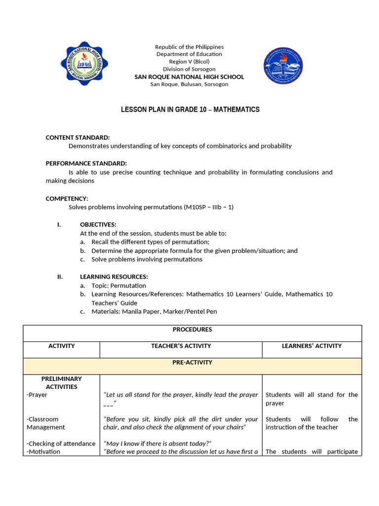 Lesson Plan in Math 10 - 3rd Quarter | PDF