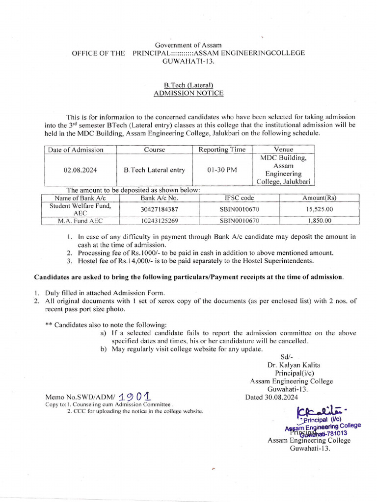 Admission Notice BTech Lateral 2024 | PDF