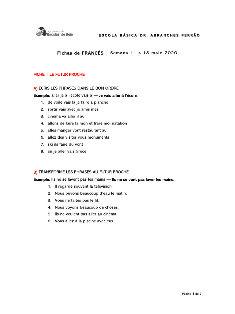 7º Francês Fichas Futur Proche e Horas | PDF