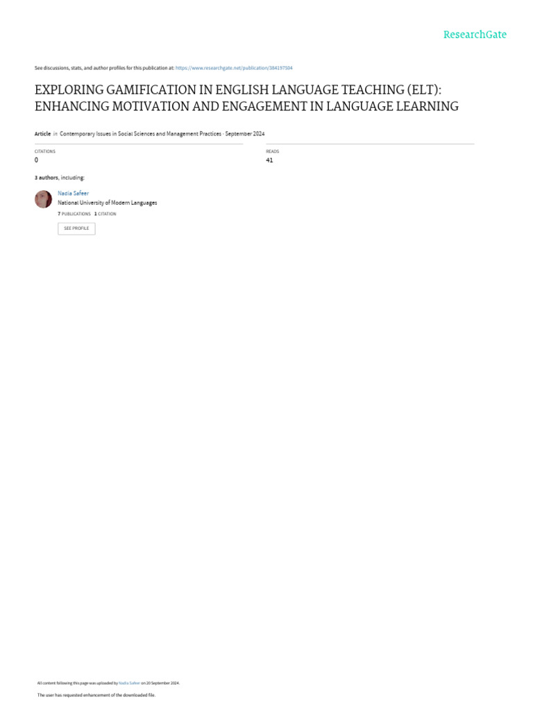 Exploring Gamification in English Language Teaching (Elt) : Enhancing Motivation and Engagement ...